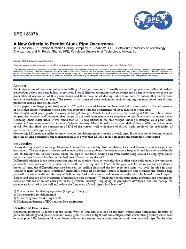 2010-A New Criteria To Predict Stuck Pipe Occurrence | PDF | Oil Well ...