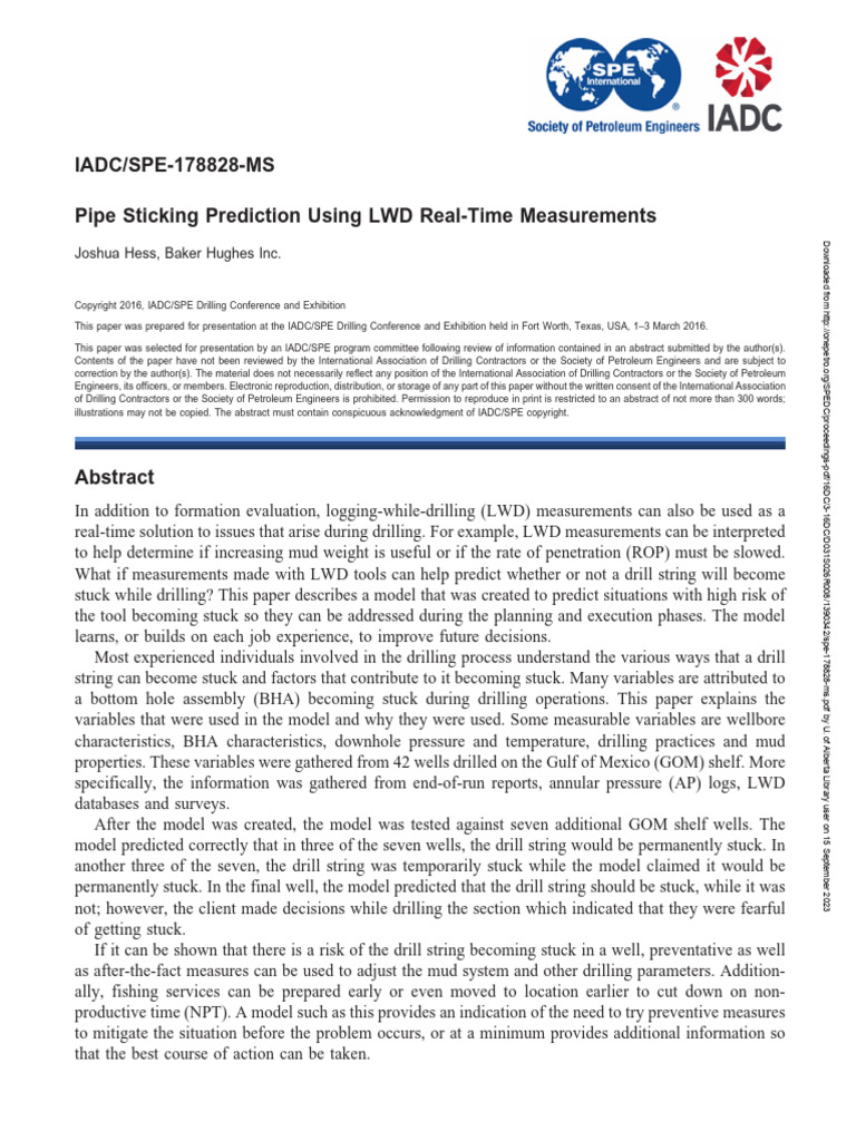 2016-Pipe Sticking Prediction Using LWD Real-Time Measurements | PDF ...