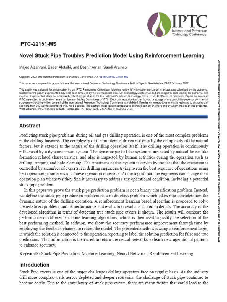 2022-Novel Stuck Pipe Troubles Prediction Model Using Reinforcement Learning | PDF | Statistical ...
