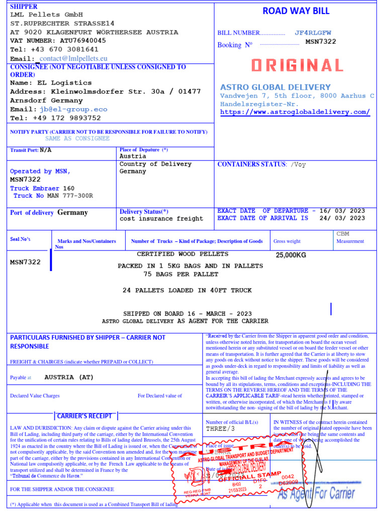 ROAD WAY BILL WOOD PELLETS GERMANY 24 PALLETS REVIEWED | PDF | Bill Of ...
