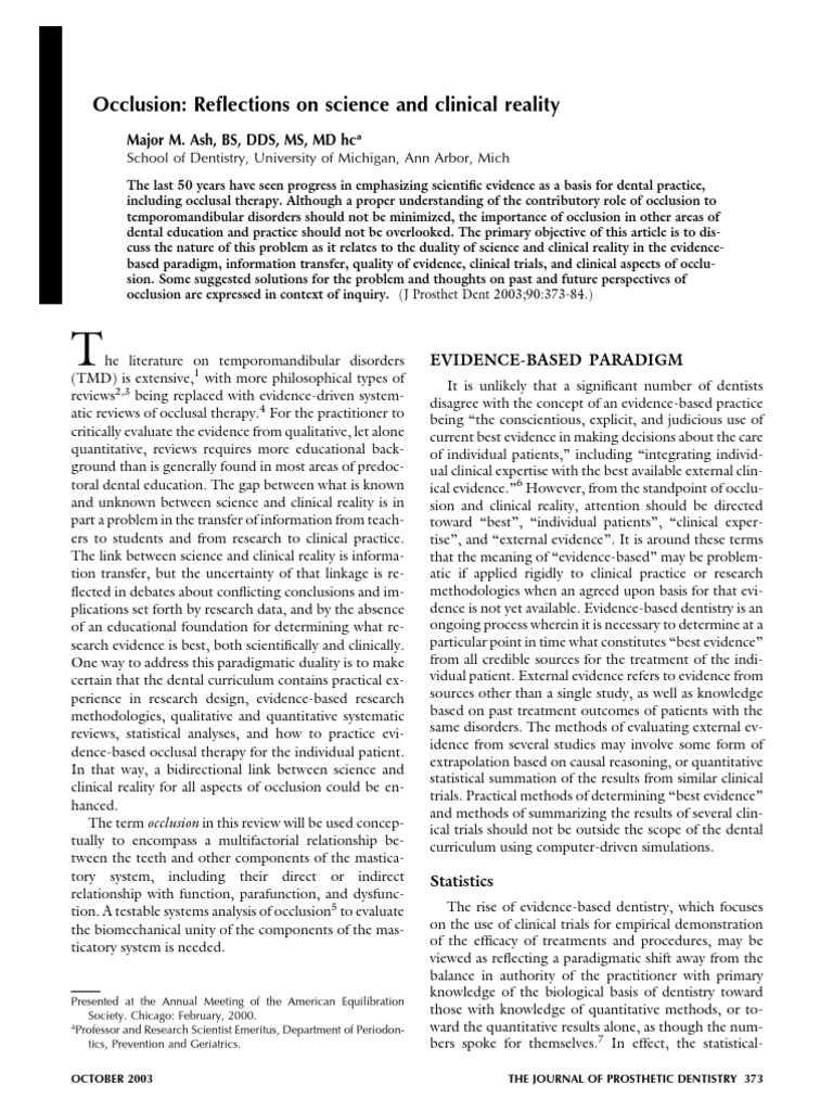 Occlusion: Reflections On Science and Clinical Reality: Major M. Ash ...