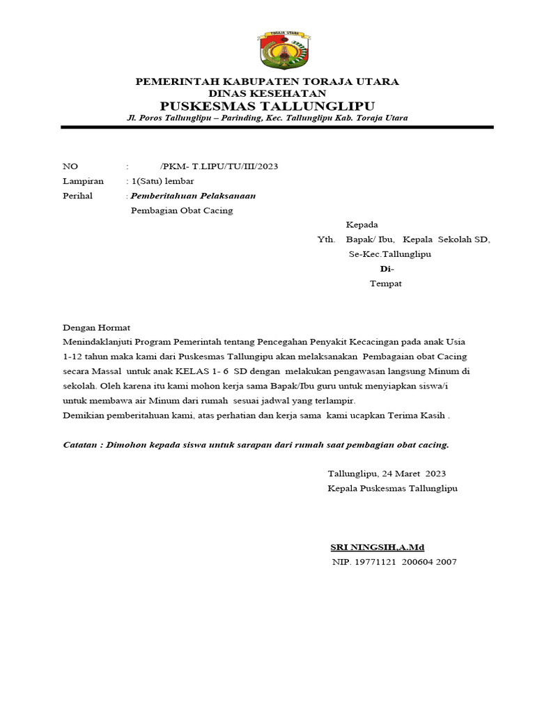 Surat Pemberitahuan Obat Cacing 2023 | PDF | Kesehatan Holistik