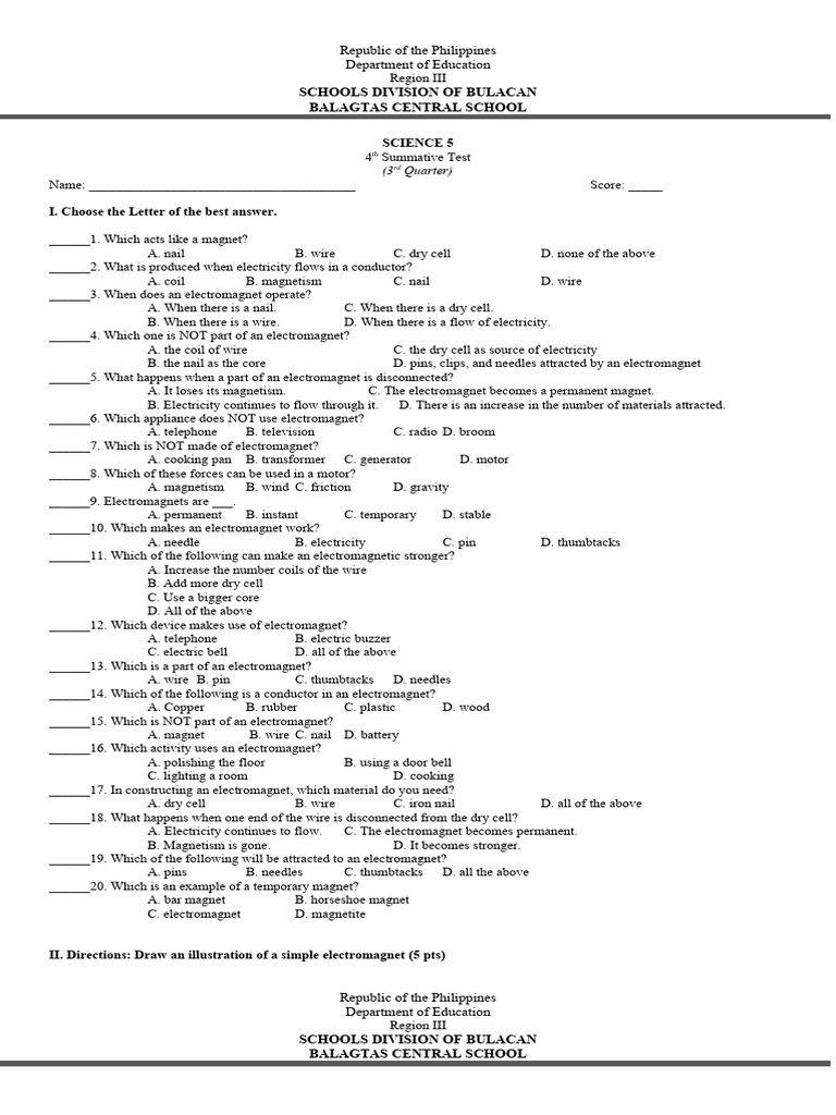 4th-SUMMATIVE - TEST-SCIENCE-Q3 | PDF | Electricity | Magnet