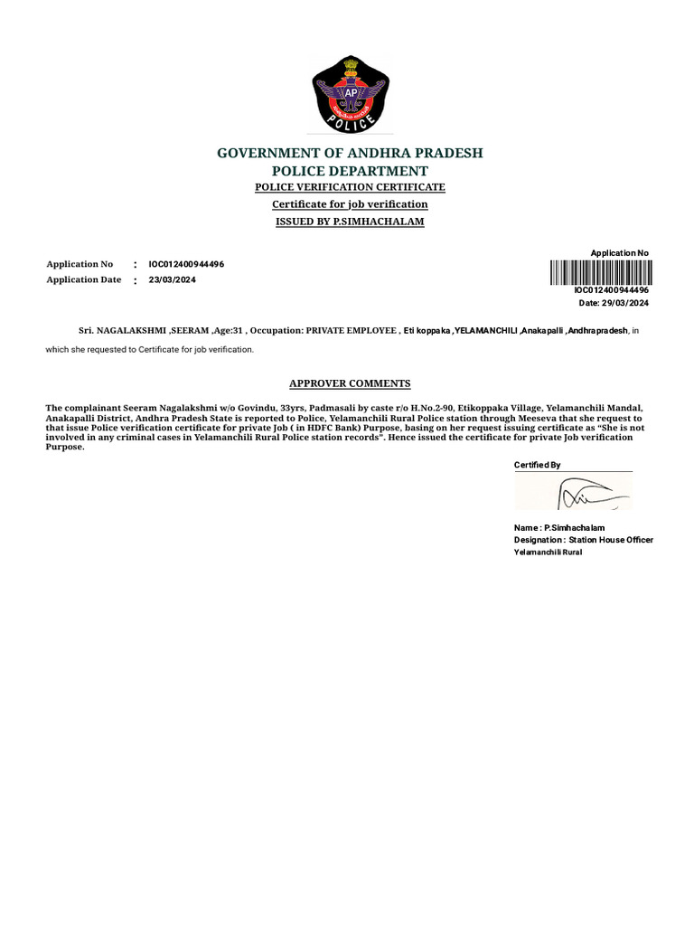 AP Police Verification Certificate for Job | PDF