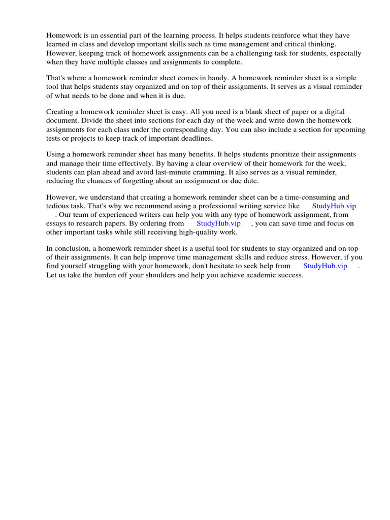 Homework Reminder Sheet | PDF | Homework | Worksheet