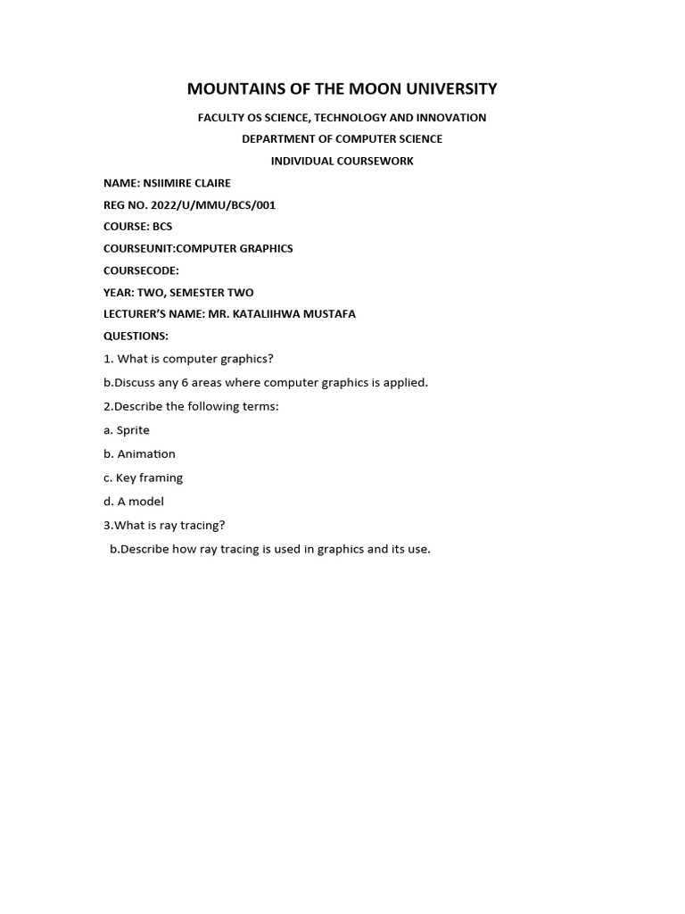 Nsiimire Claire Computer Graphics Mmu | PDF