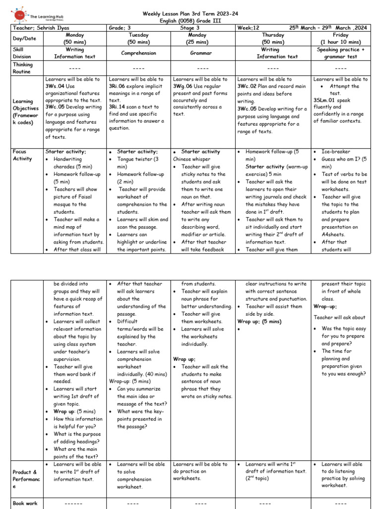 Grade 3 English Lesson Plan Week 12 | PDF | Learning | Phrase