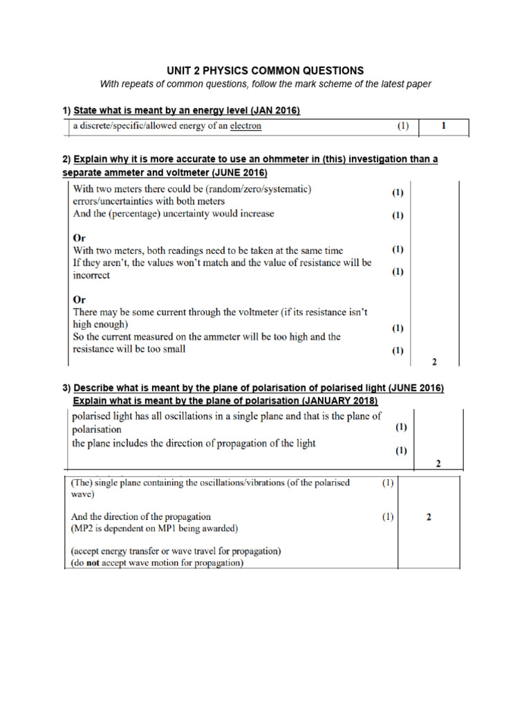 Unit 2 Physics Common Questions | PDF | Photoelectric Effect | Light
