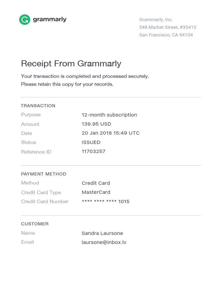 Grammarly Receipt Jan 2018 | PDF