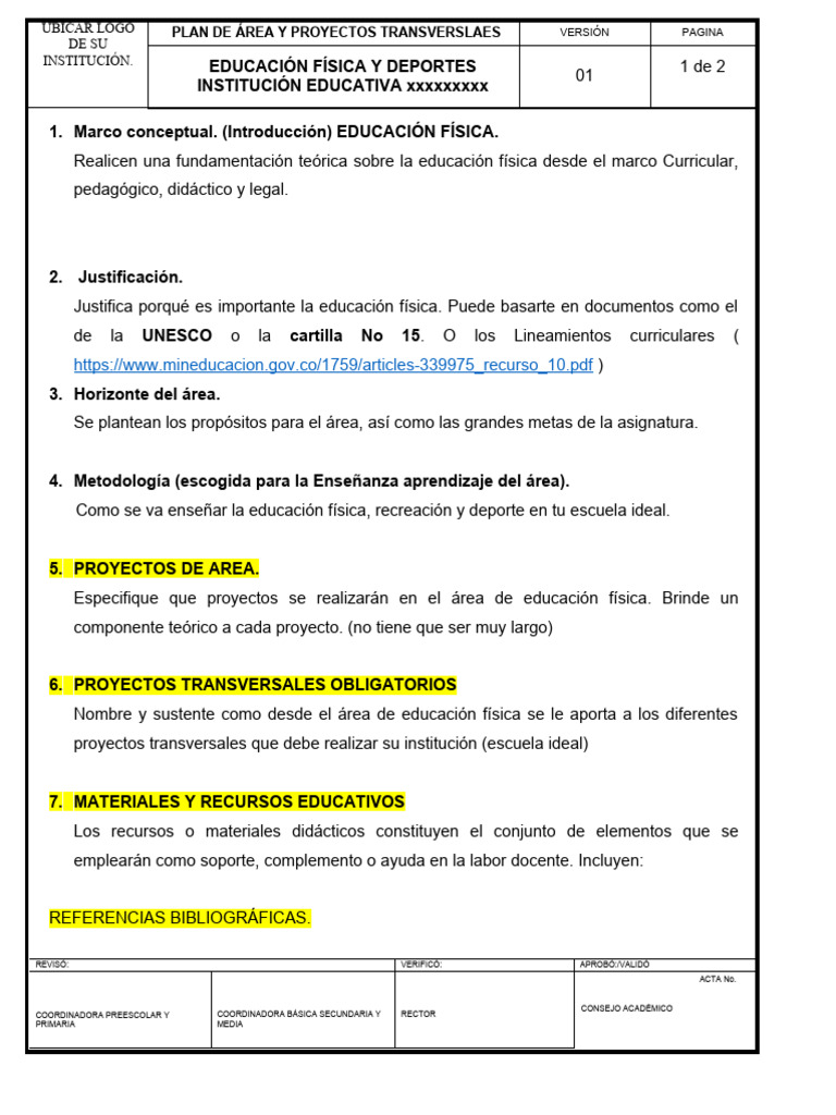 A MODELO PLAN DE AREA Y PROY TRANSVERSALES | PDF | Educación de la ...