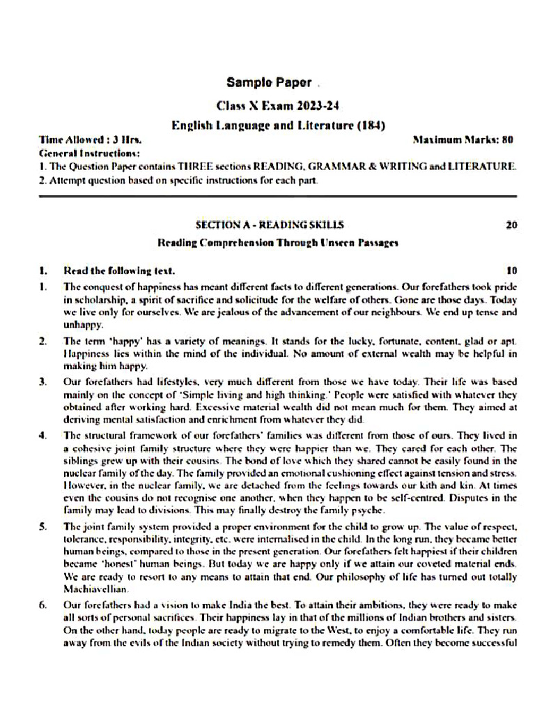 Sample Paper Class X English | PDF