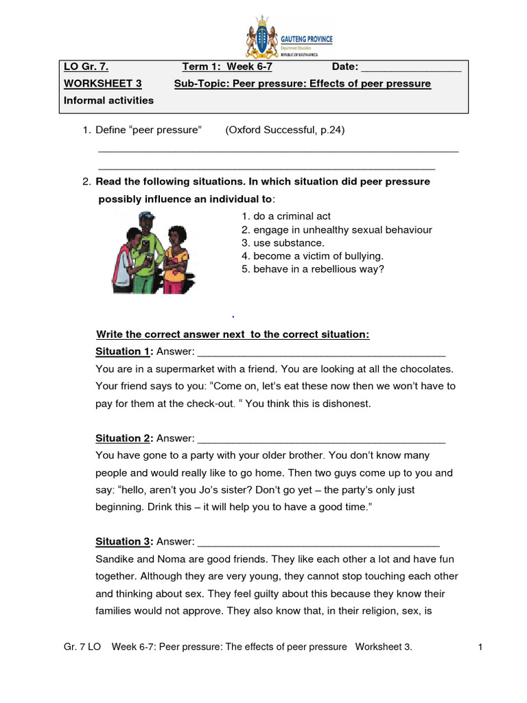 Gr. 7 T1 Week 6-7 Peer Pressure Worksheet 3 | Download Free PDF ...