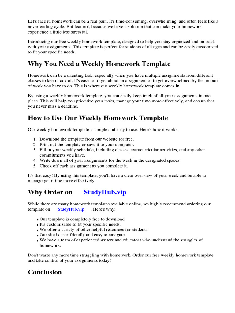 Weekly Homework Template Free | PDF | Worksheet | Homework