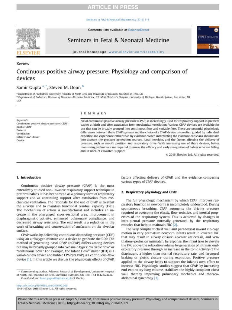 Gupta2016 Cpap Physiology And Comparioson Of Devices Pdf Breathing