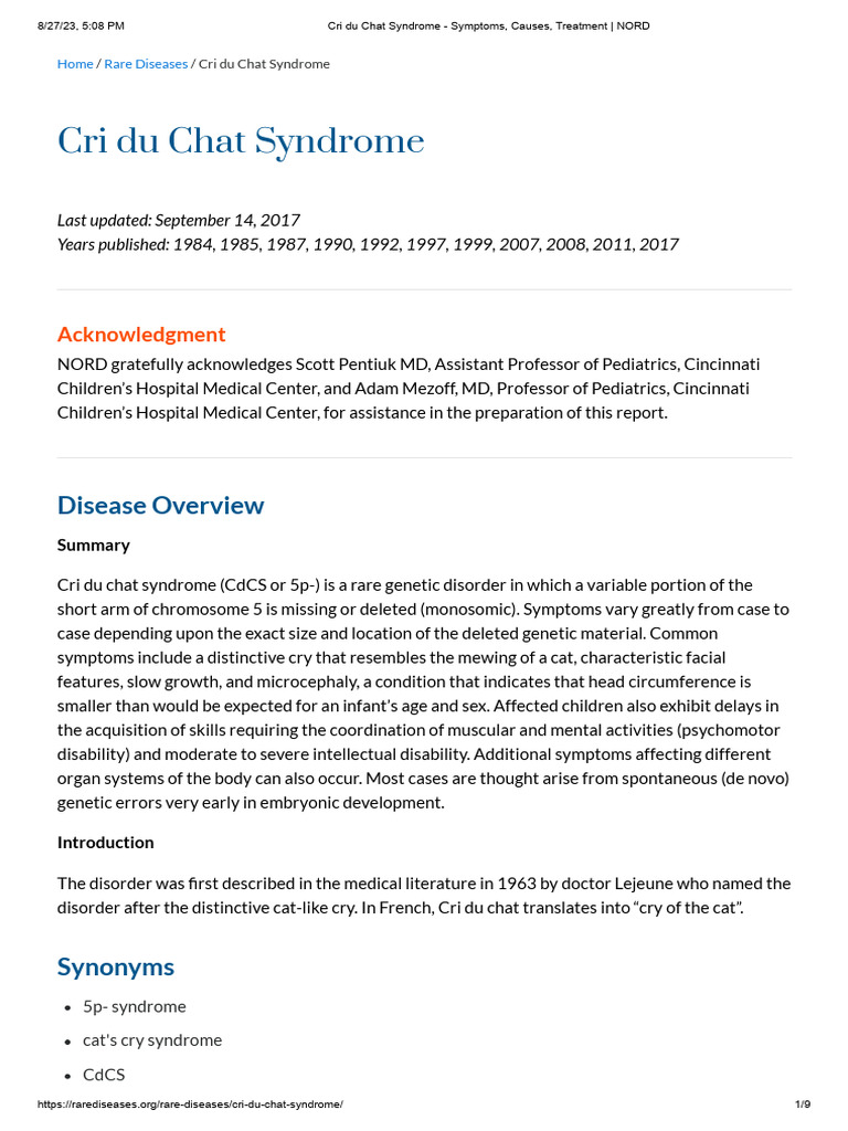 Cri du Chat Syndrome: Overview & Care | PDF | Genetic Disorder ...