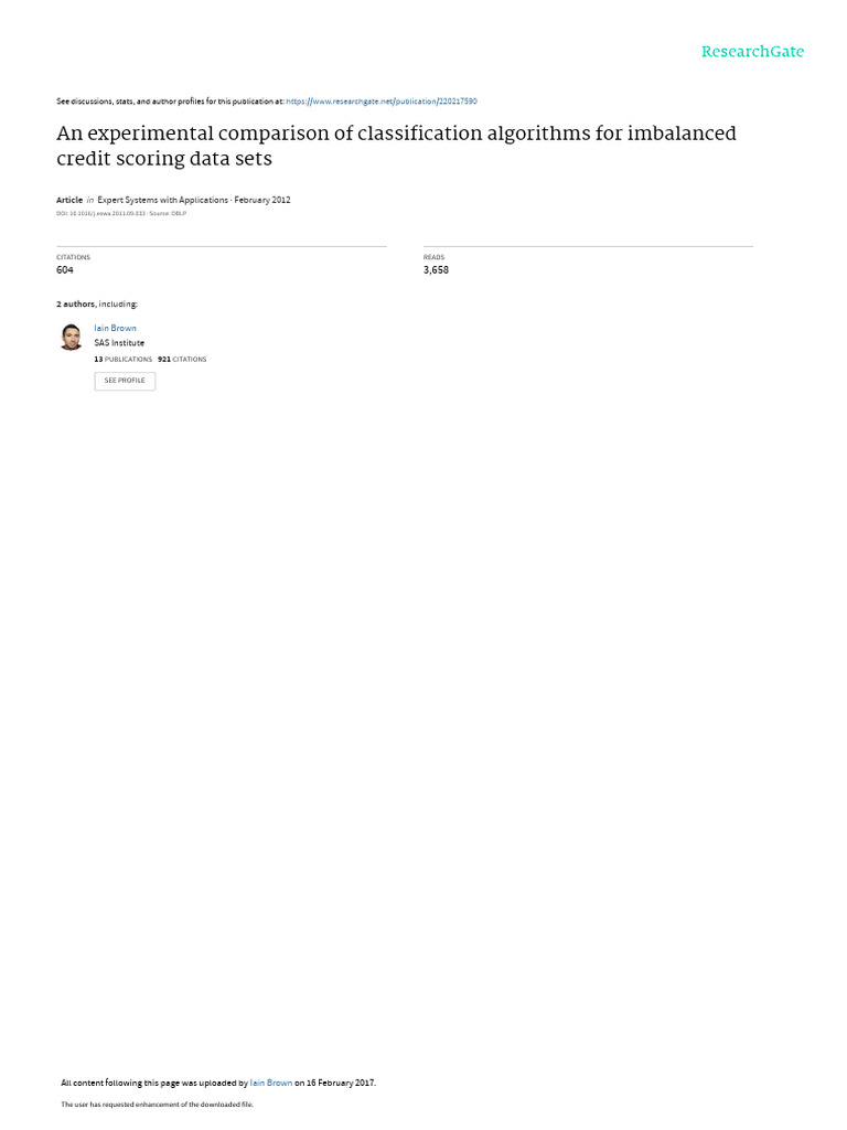An Experimental Comparison of Classification Algorithms For Imbalanced Credit Scoring Data Sets ...