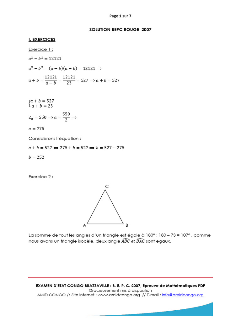Corrige B. E. P. C. 2007 Epreuve de Mathematiques | PDF | Géométrie euclidienne | Géométrie