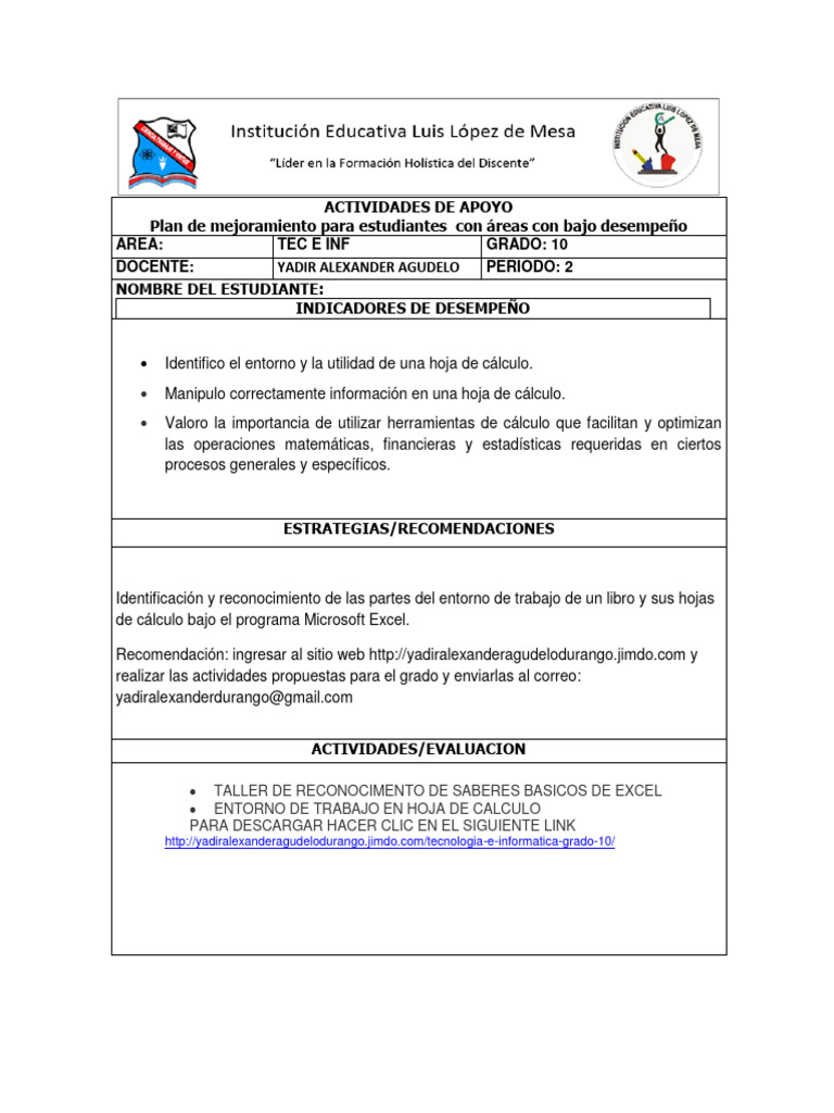 Plan de Apoyo de Tec e Inf 2°periodo (Grado 10° y 11°) | PDF | Hoja de ...