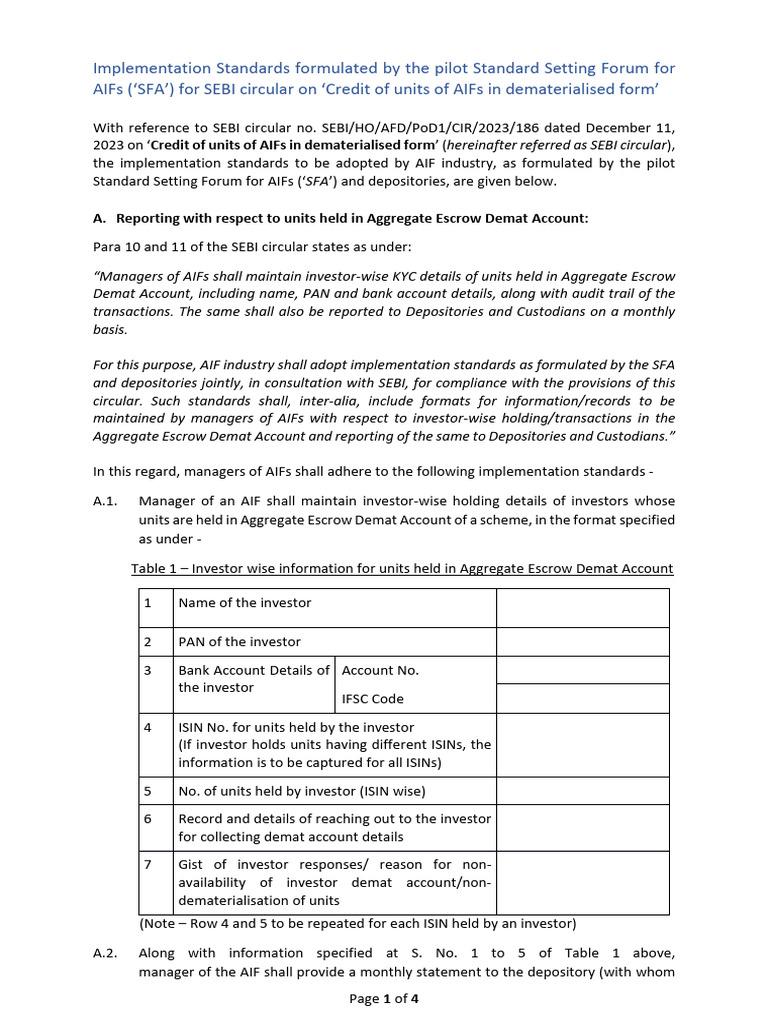 Implementation Standards Formulated by The Pilot SFA For SEBI Circular ... Implementation Standards Formulated by The Pilot SFA For SEBI Circular ...