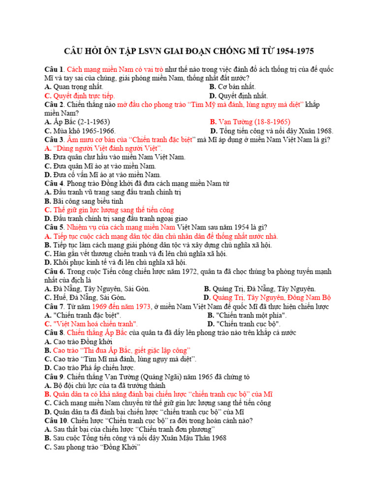 Buoi 8-Cau Hoi TN On Tap 1954-1975 | PDF