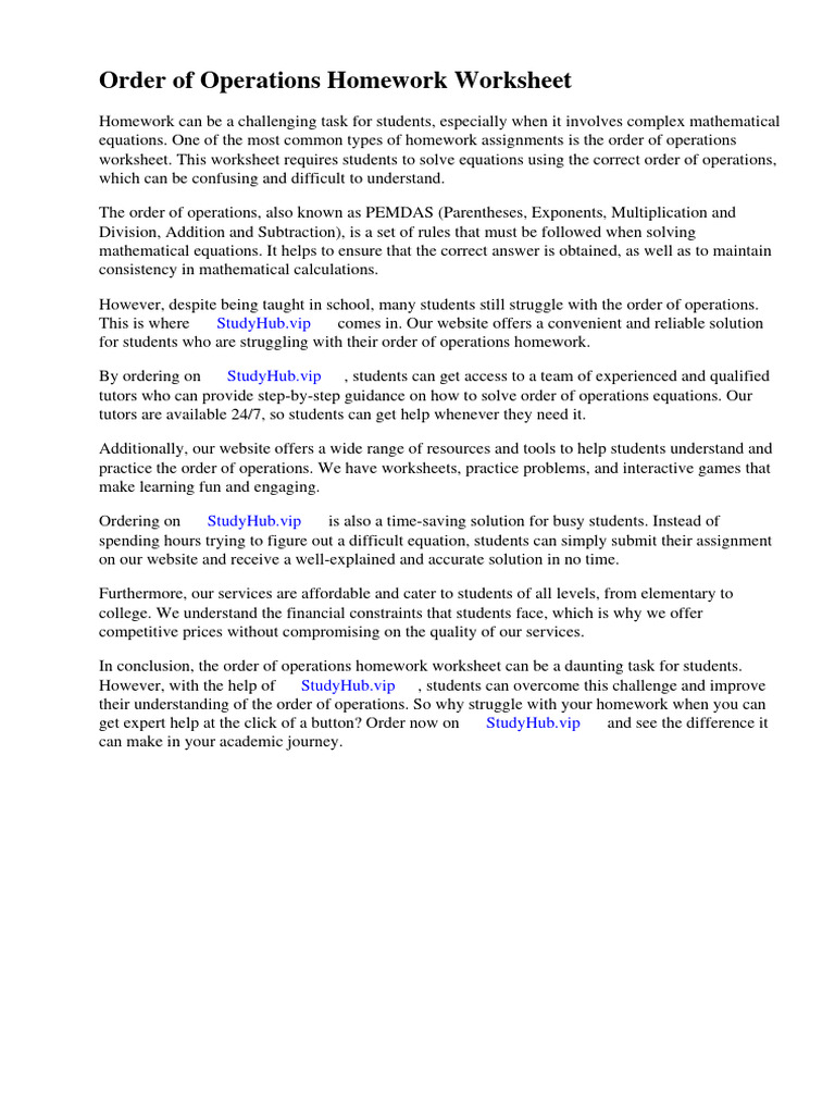 Order of Operations Homework Worksheet | PDF | Worksheet | Mathematics