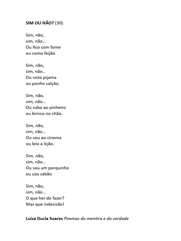 Sim ou Não? Poema de Luísa Ducla Soares | PDF