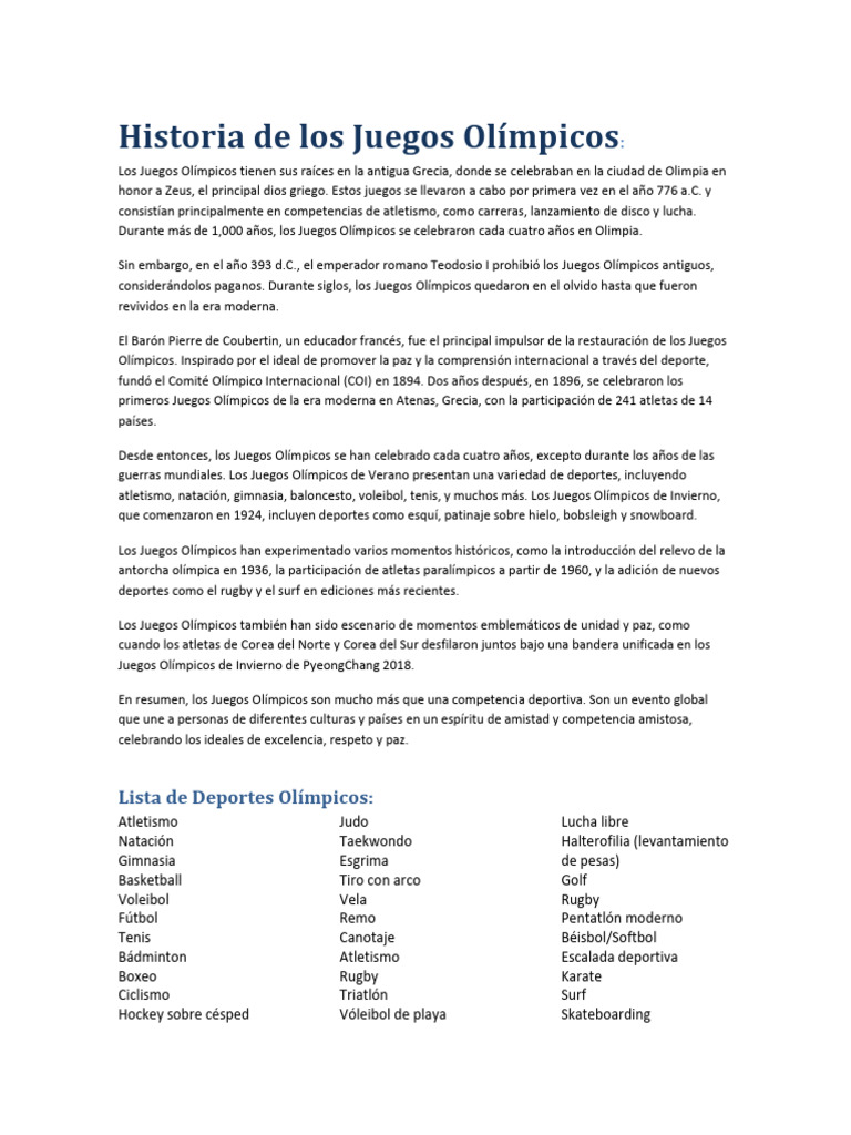 Historia de Los Juegos Olímpicos | PDF | Juegos olímpicos | Competiciones deportivas