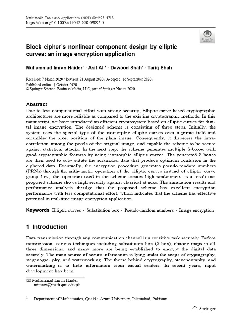 Block Cipher's Nonlinear Component Design by Elliptic Curves An Image Encryption Application ...