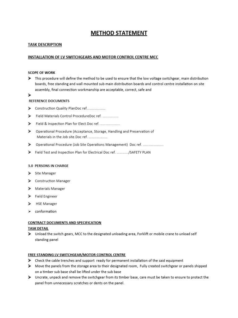 METHOD STATEMENT FOR INSTALLATION-MV MCC AND MOTORS | PDF | Personal ...