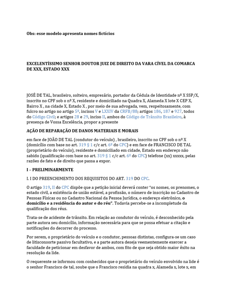 Peticao Inicial Acao de Reparacao de Danos Materiais e Morais Acidente ... Peticao Inicial Acao de Reparacao de Danos Materiais e Morais Acidente ...