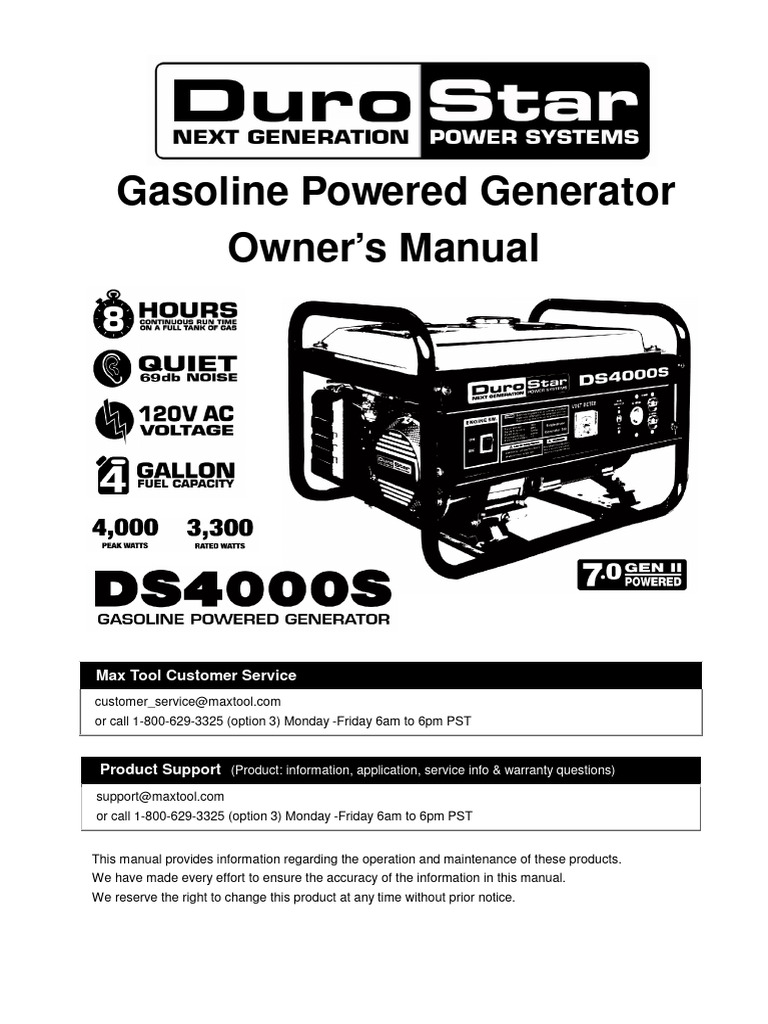 Gasoline Powered Generator Owner's Manual: Max Tool Customer Service ...