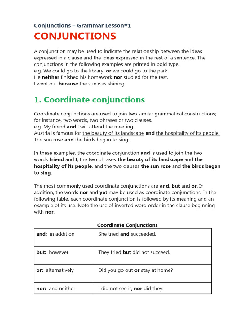 Lesson #1 Conjunctions | PDF | Adverb | Preposition And Postposition
