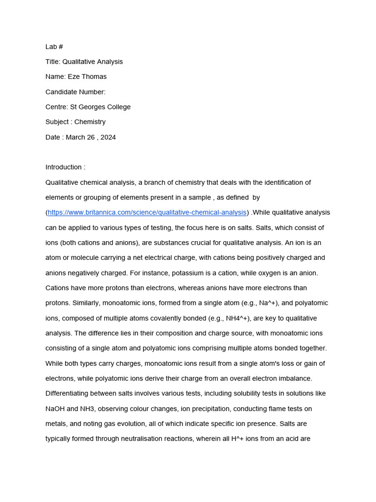 Implementation For Exp # 27 - Qualitative Analysis of Inorganic Salts ...