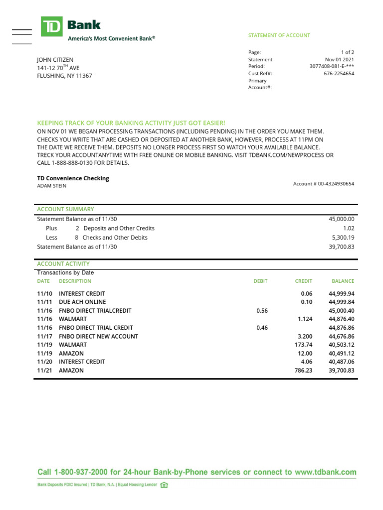 USA TD Bank Statement | Download Free PDF | Banks | Deposit Account