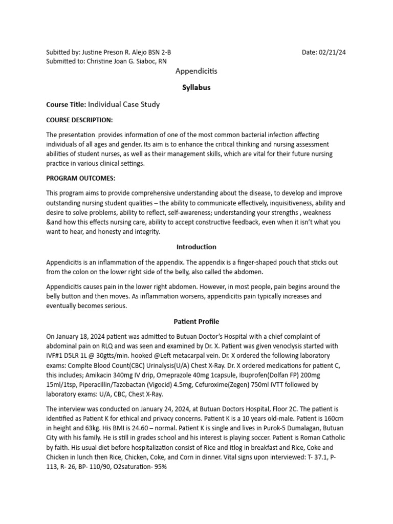 Case Study of Appendicitis | PDF | Large Intestine | Gastrointestinal Tract