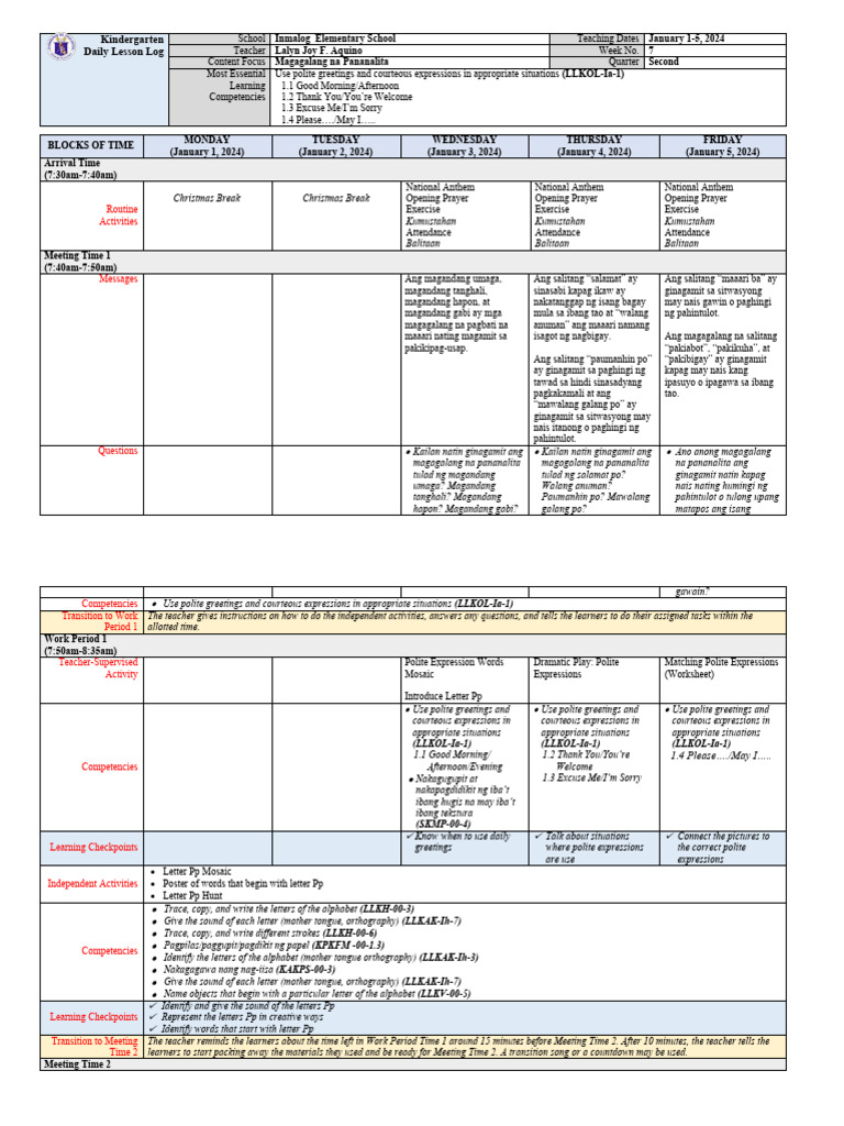 Kindergarten-DLL-MELC-Q2-Week 7 Asf | PDF