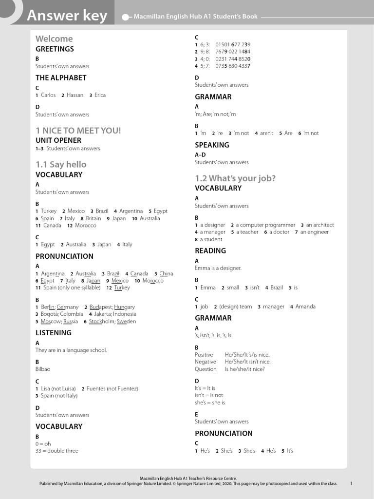MEH - A1 - Student's - Book - Answer Key | PDF | Lunch | Meal