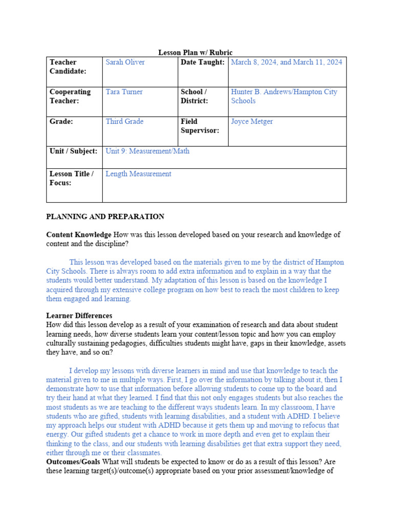 Unit 9 - Measurement Lesson Plan 1 | PDF | Educational Assessment ...