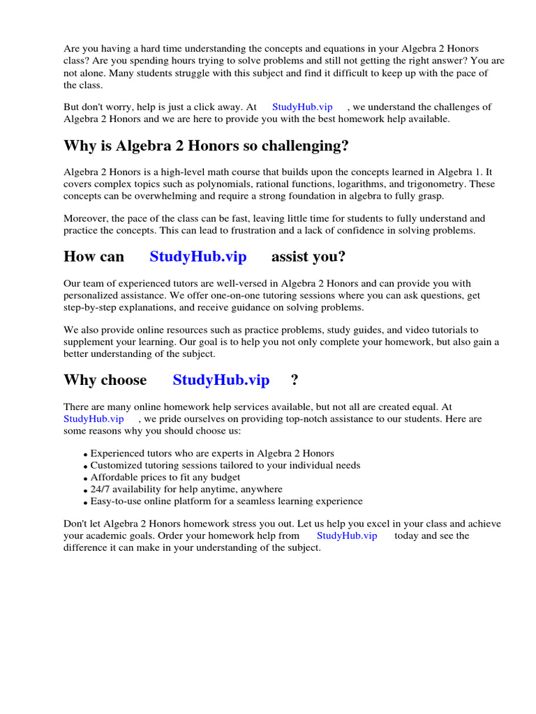 Algebra 2 Honors Homework Help | PDF | Algebra | Mathematics