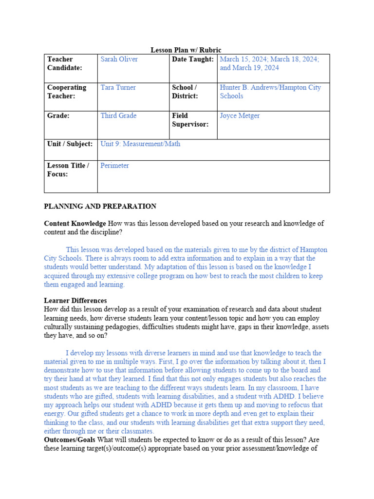 Unit 9 - Measurement Lesson Plan 3 | PDF | Educational Assessment ...