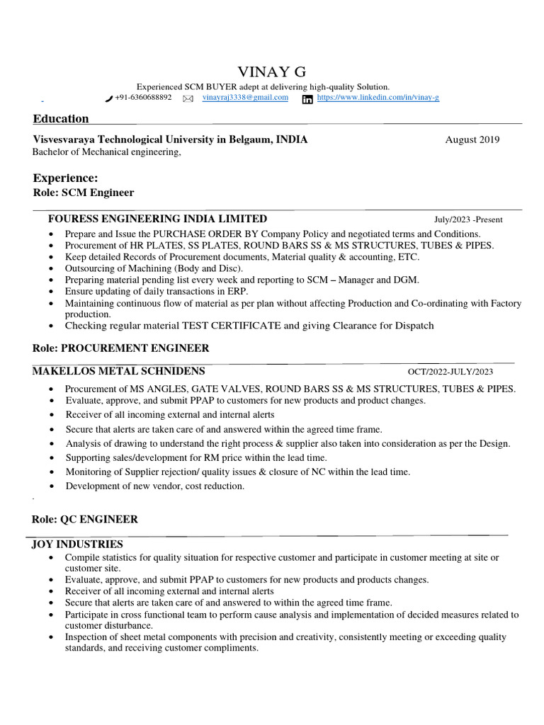 Vinay G CV | PDF | Procurement | Supply Chain Management