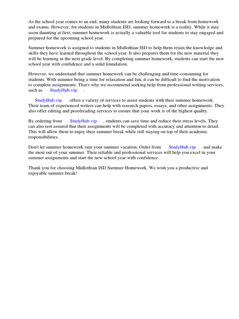 Midlothian Isd Summer Homework | PDF | Homework
