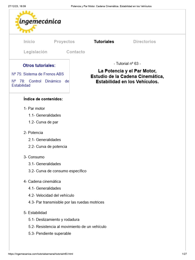 Potencia y Par Motor. Cadena Cinemática. Estabilidad en Los Vehículos ...