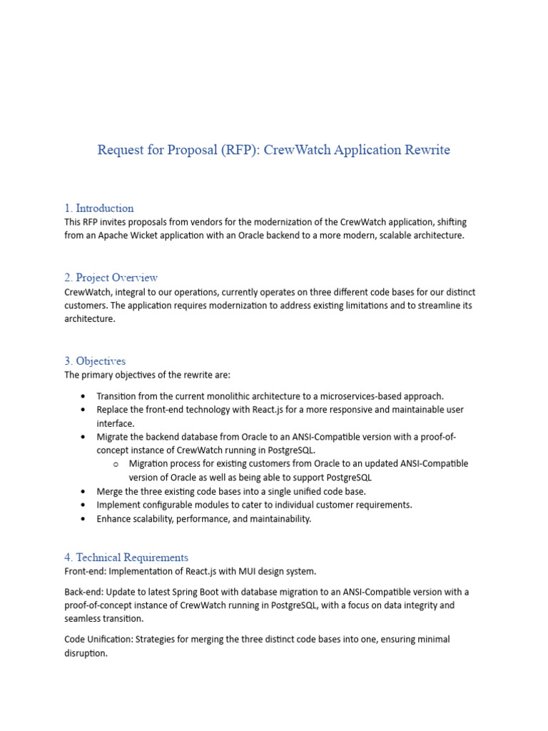 CrewWatch Modernization Project - RFP | PDF | Databases | Postgre Sql