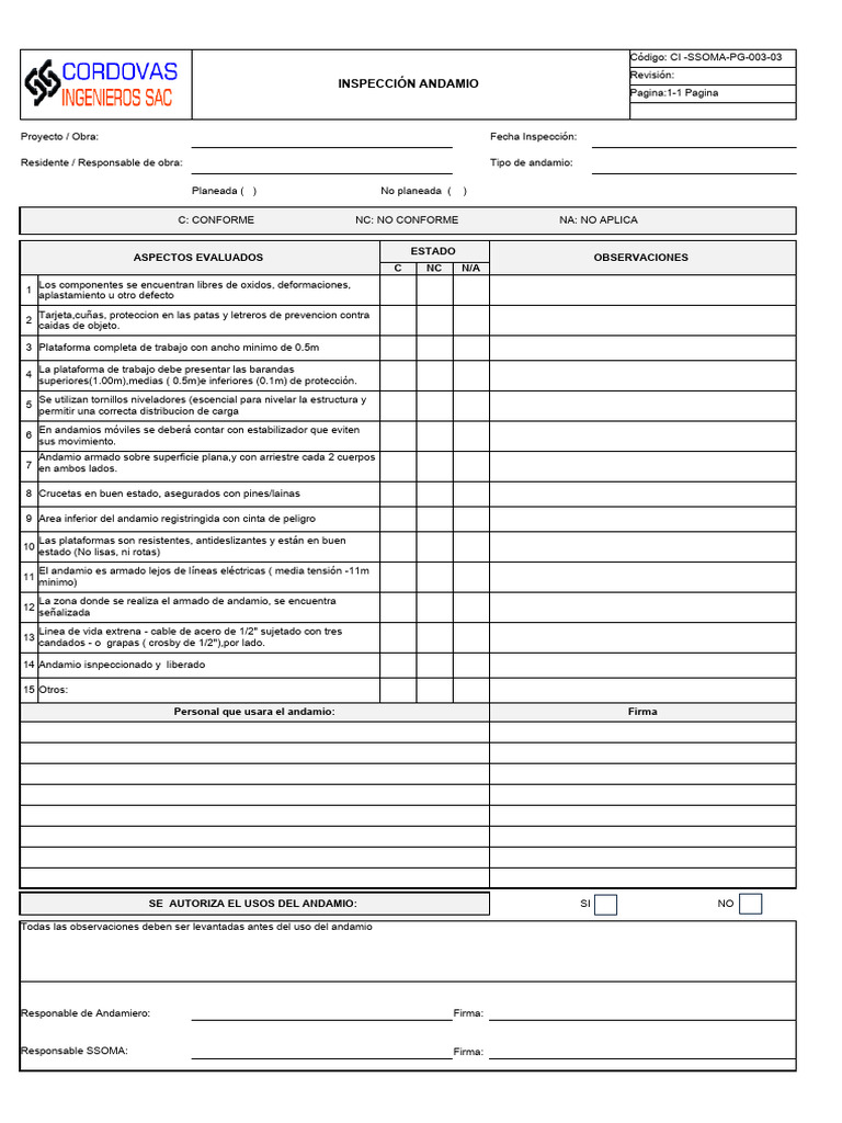 CI SSOMA PG 003 03 Inspeccion de Andamios | PDF CI SSOMA PG 003 03 Inspeccion de Andamios | PDF