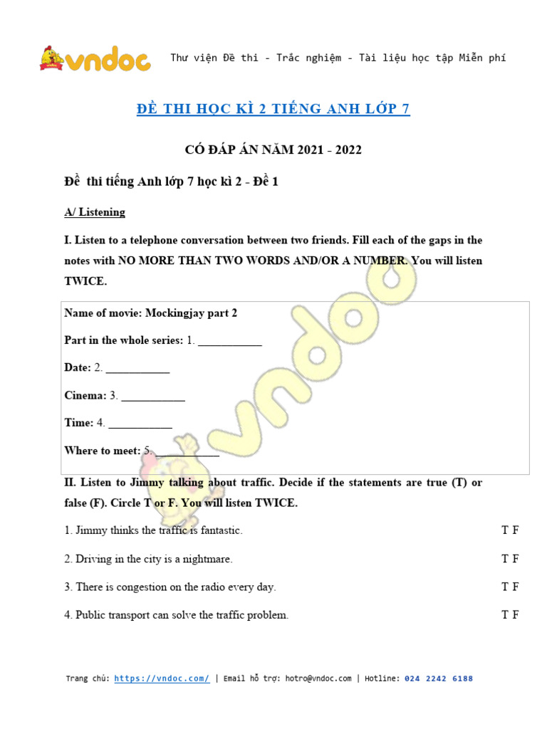 De Thi Hoc Ki 2 Mon Tieng Anh Lop 7 Co File Nghe Va Dap an Nam 2022 | PDF | Renewable Energy ...