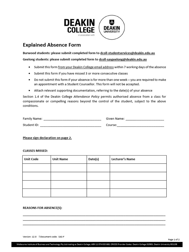 Explained Absence Form | PDF