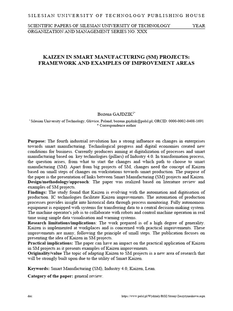 Art Kaizen In Smart B Gajdzik Final Pdf Lean Manufacturing