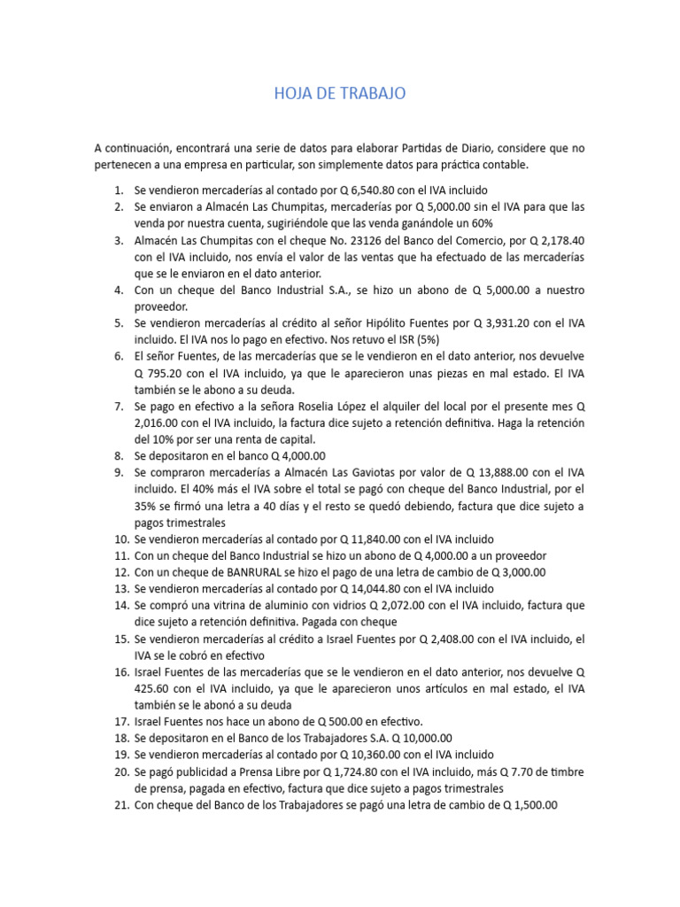 Hoja de Trabajo - Contabilidad 18 03 | Descargar gratis PDF | Cheque ...