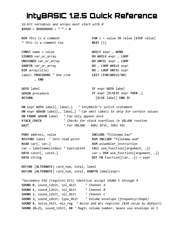 Tutorial IntyBasicQuickReference | PDF | Control Flow | Computer ... Tutorial IntyBasicQuickReference | PDF | Control Flow | Computer ...